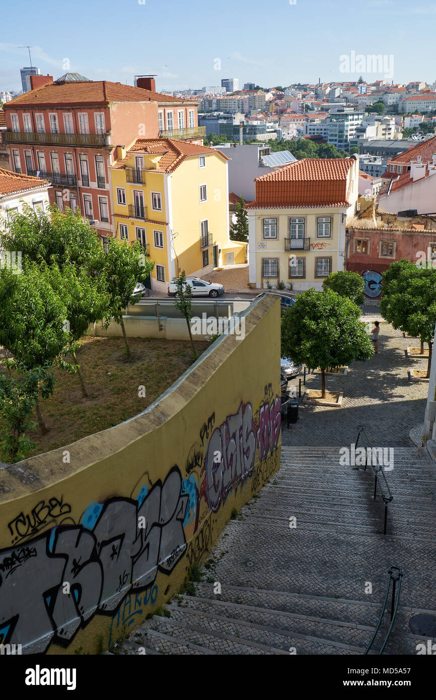 LISBON, PORTUGAL - JUNE 25, 2016: The stairs covered with the graffiti ...