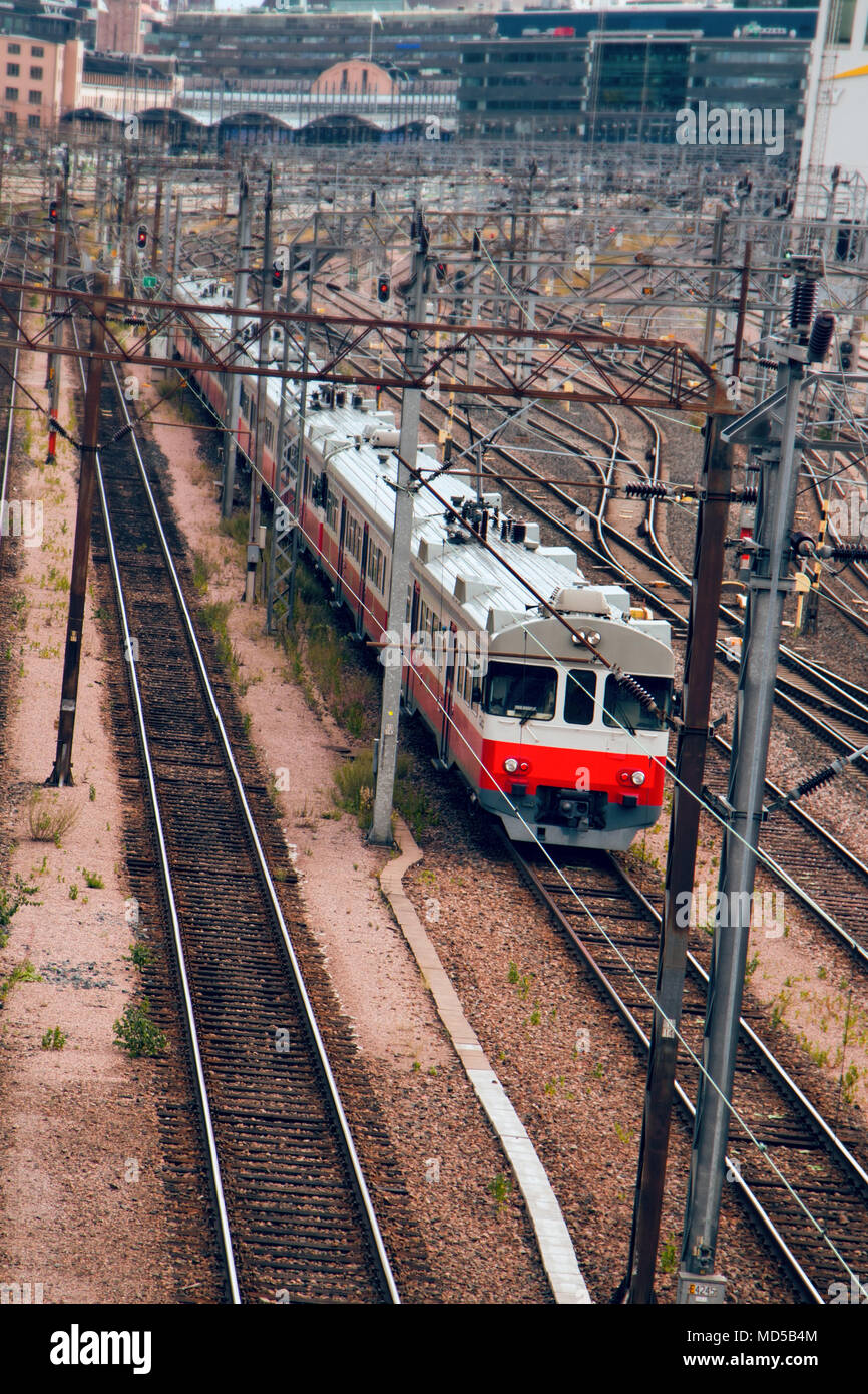 Modern suburban train. traffic of passenger trains in Europe outside ...