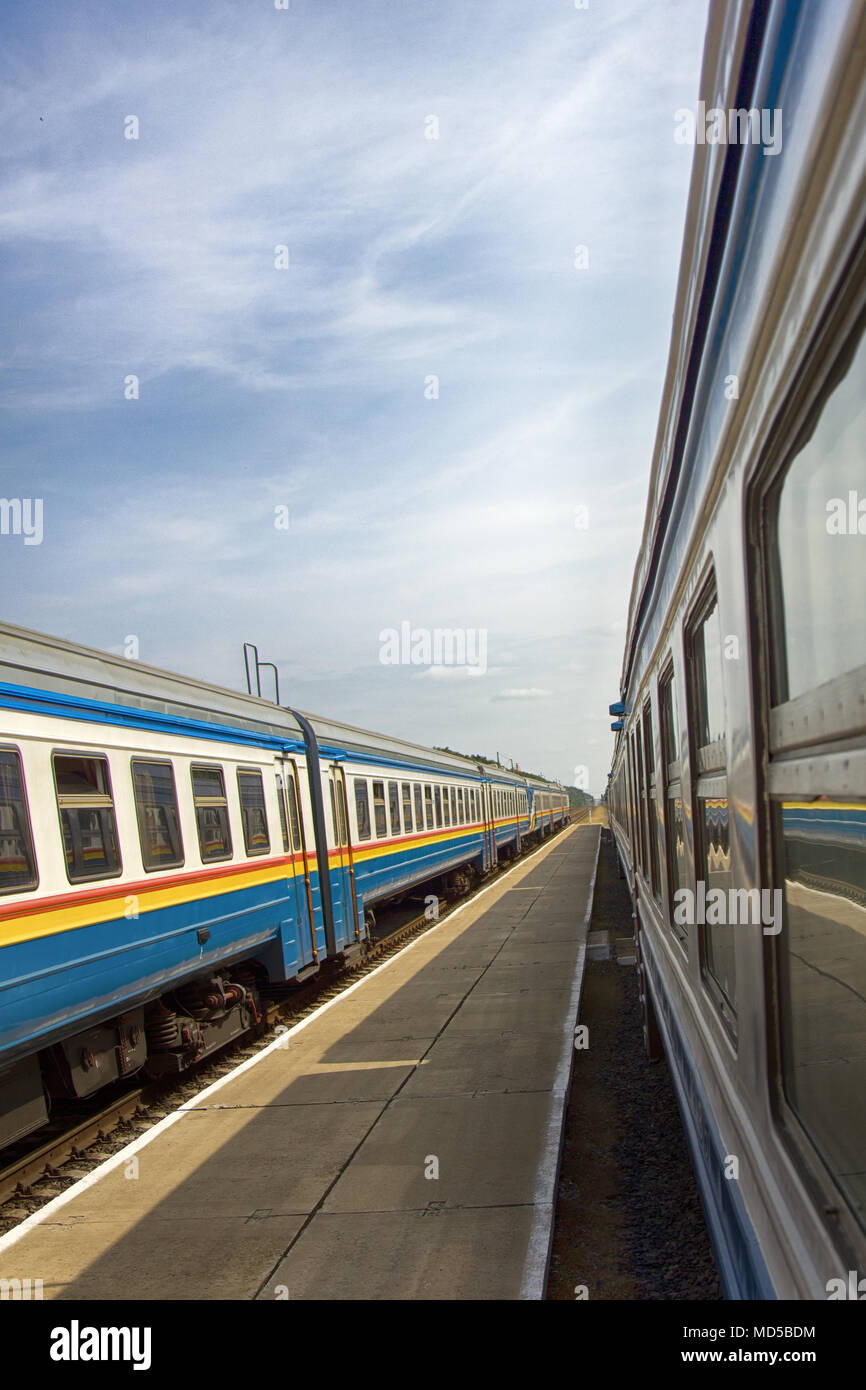Russia. Electric trains, all-coach train. cars filmed in spatial ...