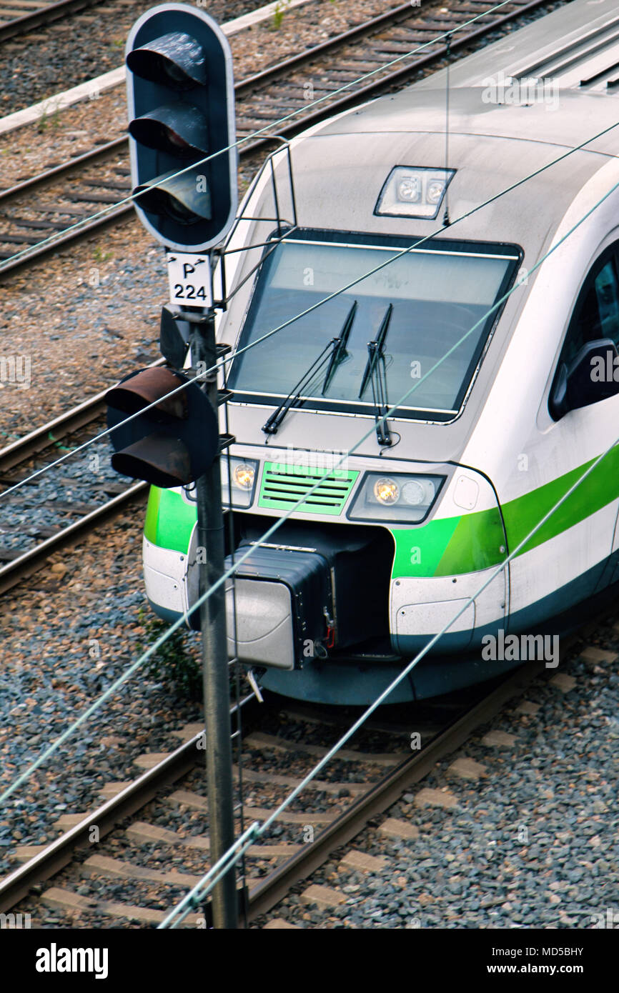 Modern high speed train. traffic of passenger trains in Europe outside ...