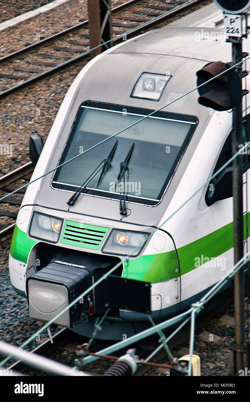 Modern high speed train. traffic of passenger trains in Europe outside ...
