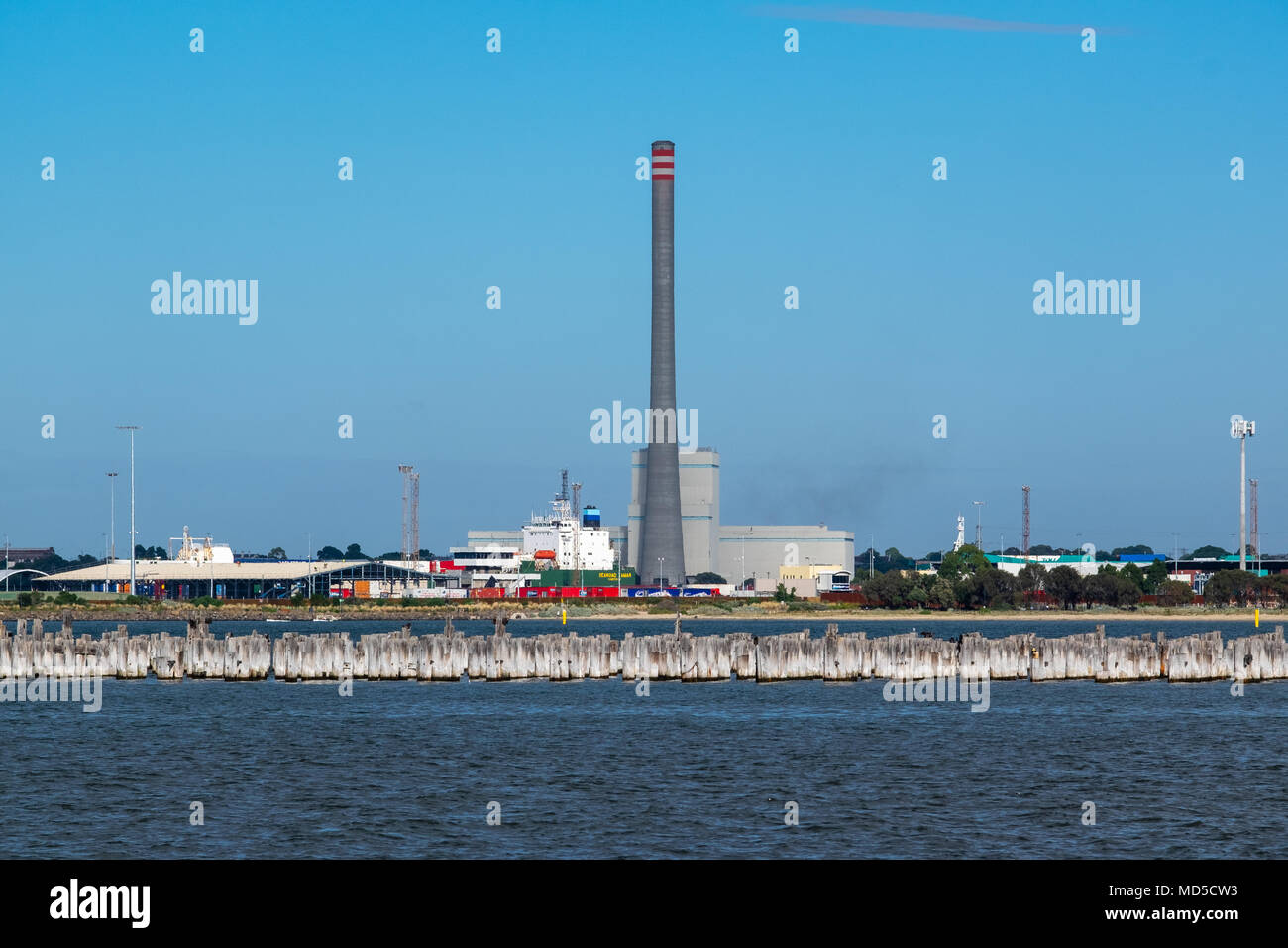 Newport power station, from Station Pier, showing tall chimney smoke ...