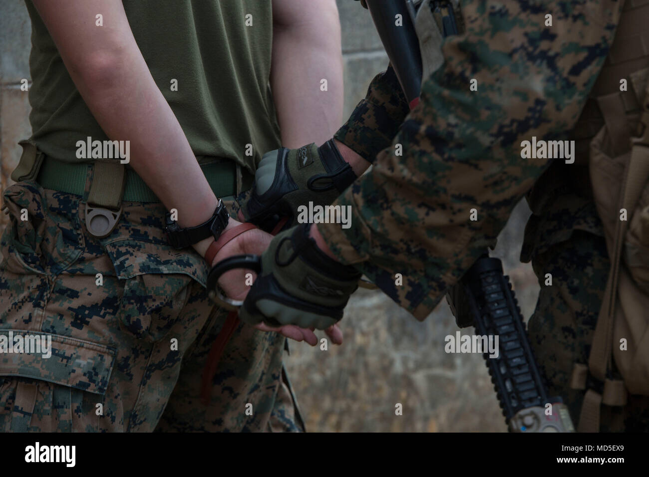 A Marine with Company B, 3rd Law Enforcement Battalion, handcuffs the ...