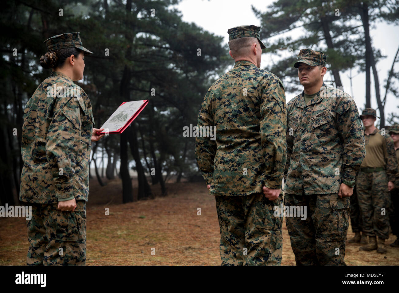 Cpl. Saul Carmona and Col. Craig Doty stand at attention during Carmona ...