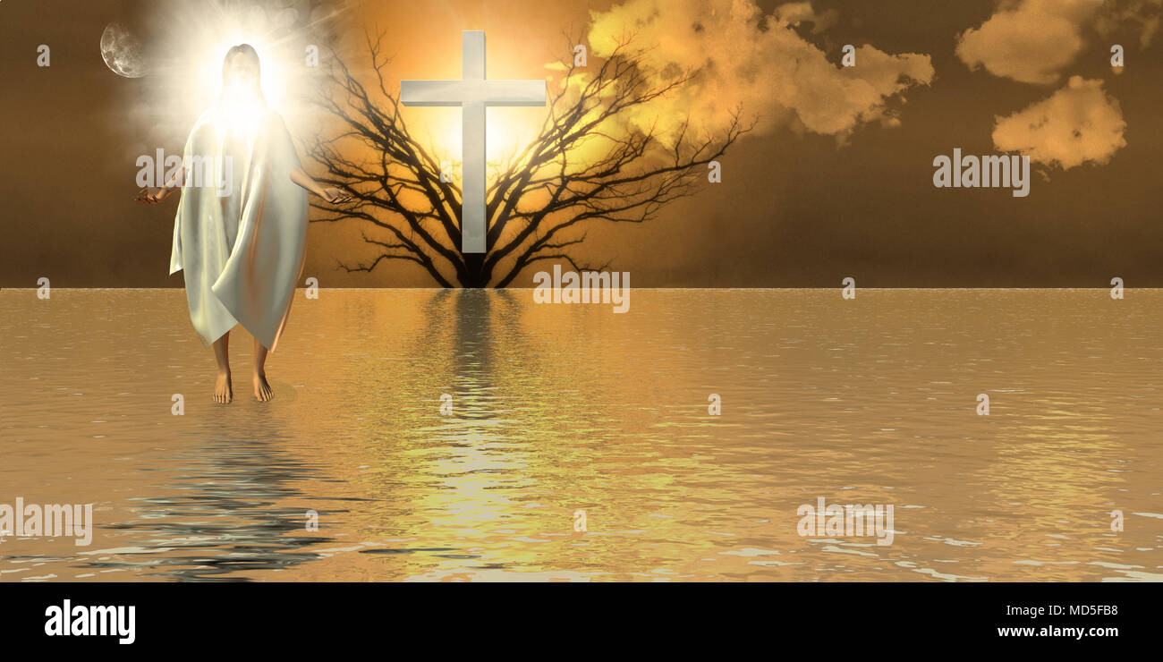 Walk on Water. Jesus and shining cross Stock Photo - Alamy