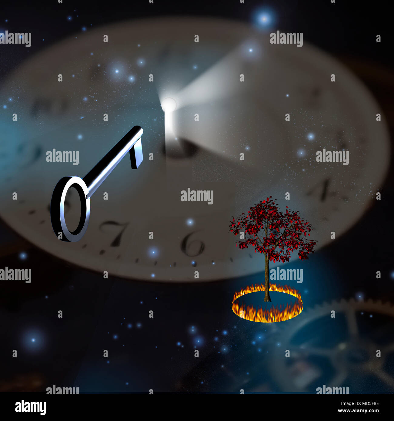 Key and shining light from keyhole. Tree surrounded by ring of fire ...