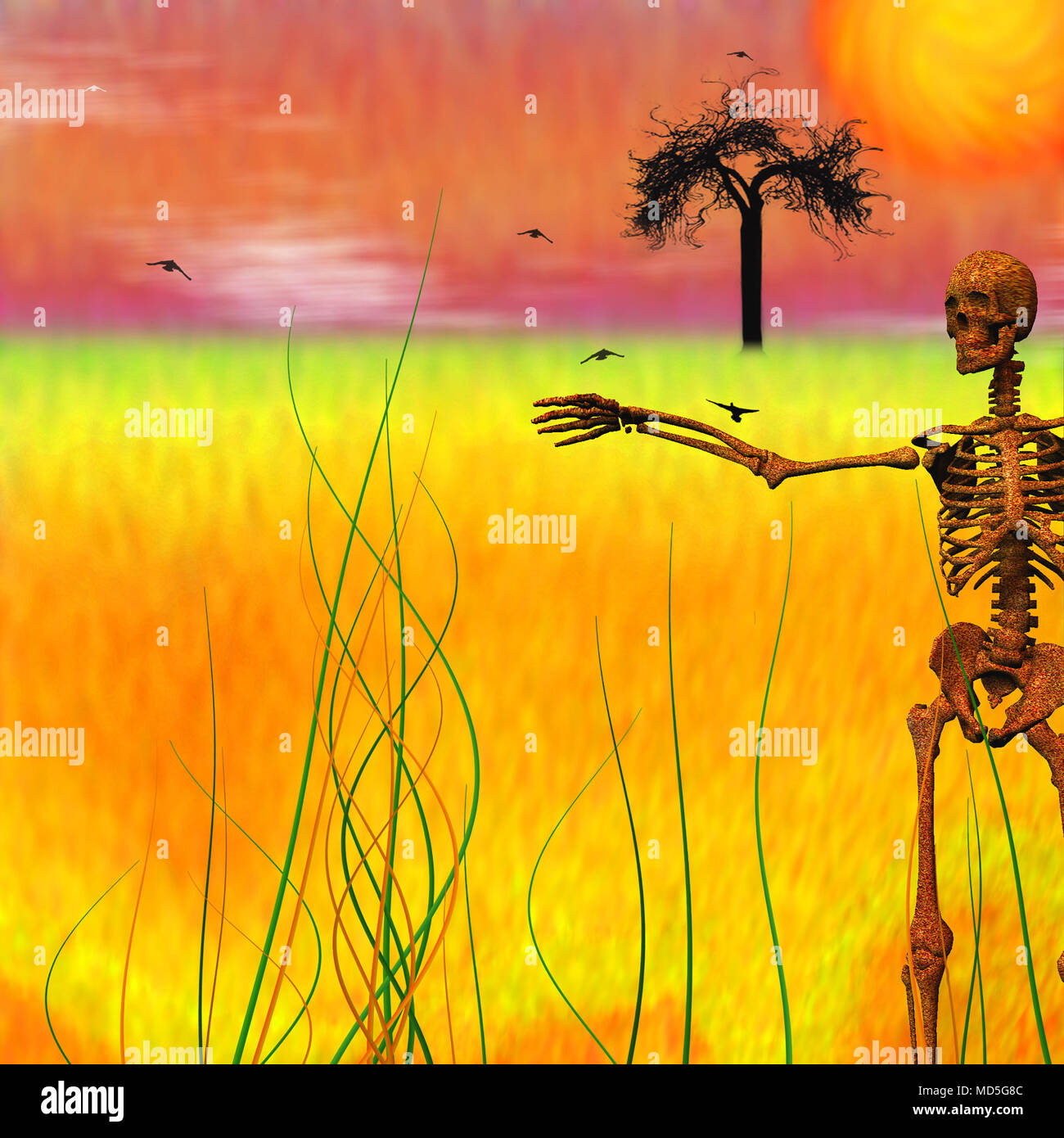 Surreal composition. Rusted skeleton, leafless tree Stock Photo - Alamy