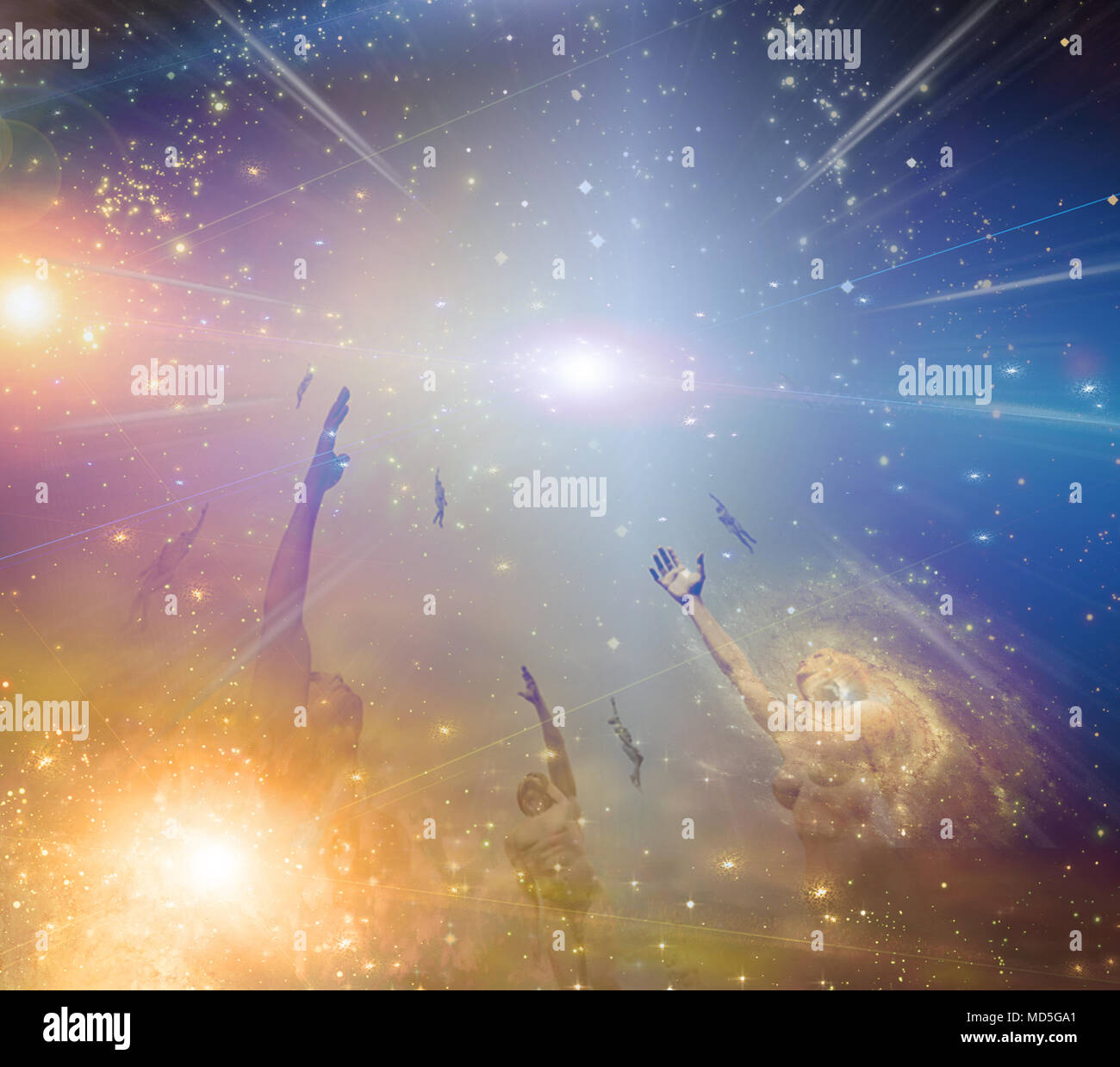 People soaring toward light amongst stars Stock Photo - Alamy