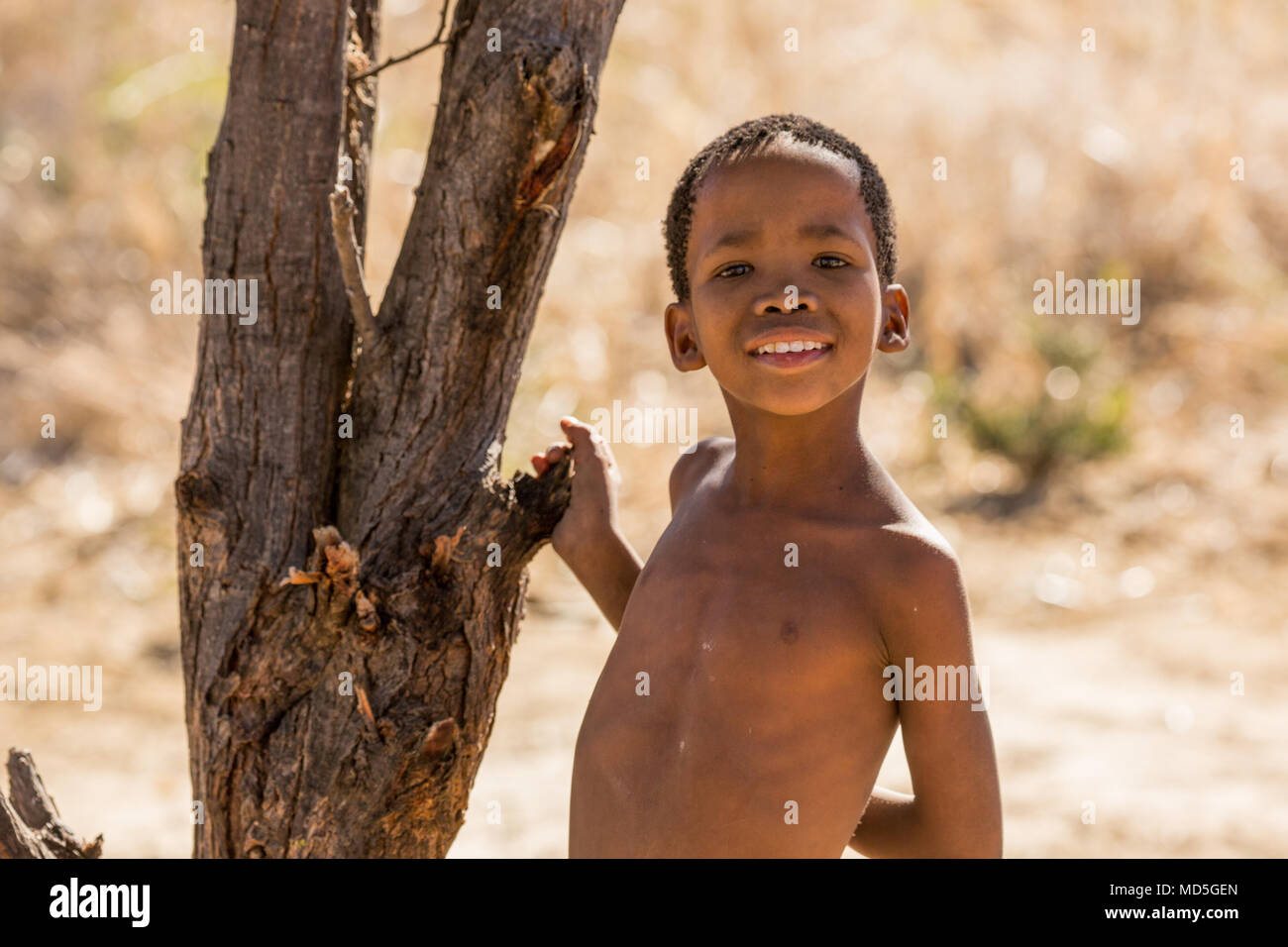 Bushmen- San people in their village, Namibia. A young boy Stock Photo ...