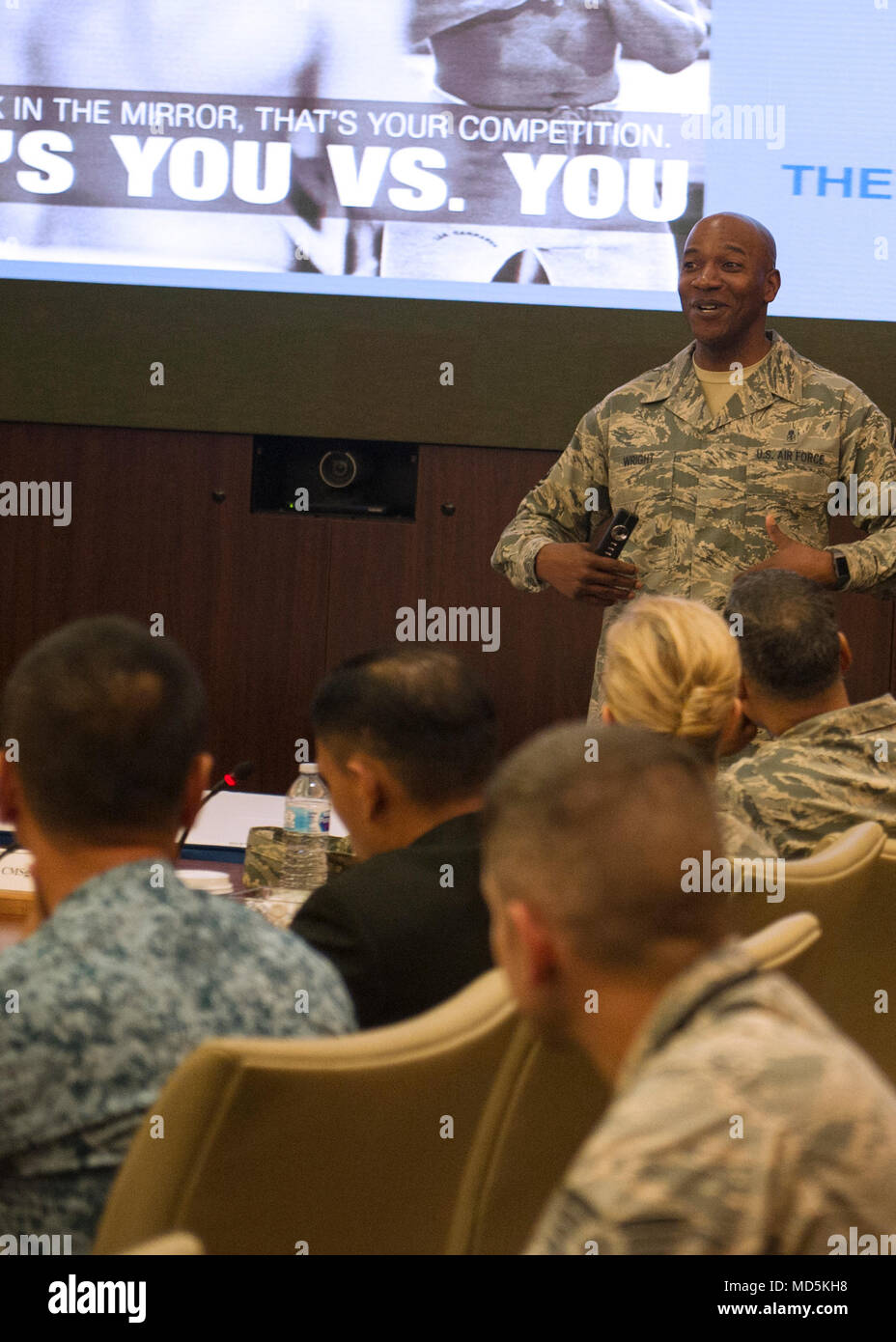 Chief Master Sergeant of The Air Force, Kaleth O. Wright, speaks to the ...