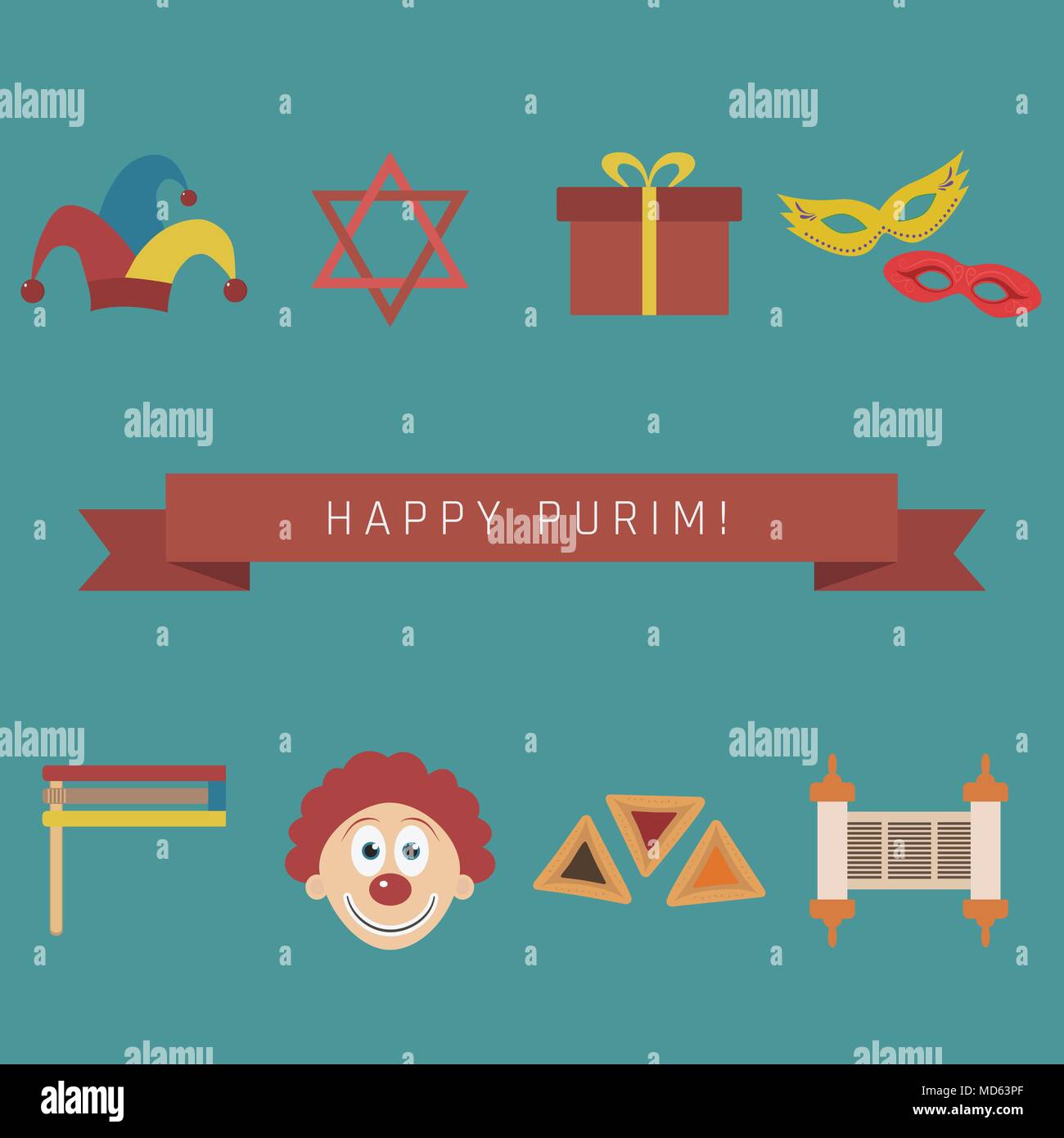 Purim holiday flat design icons set with text in english Happy Purim ...