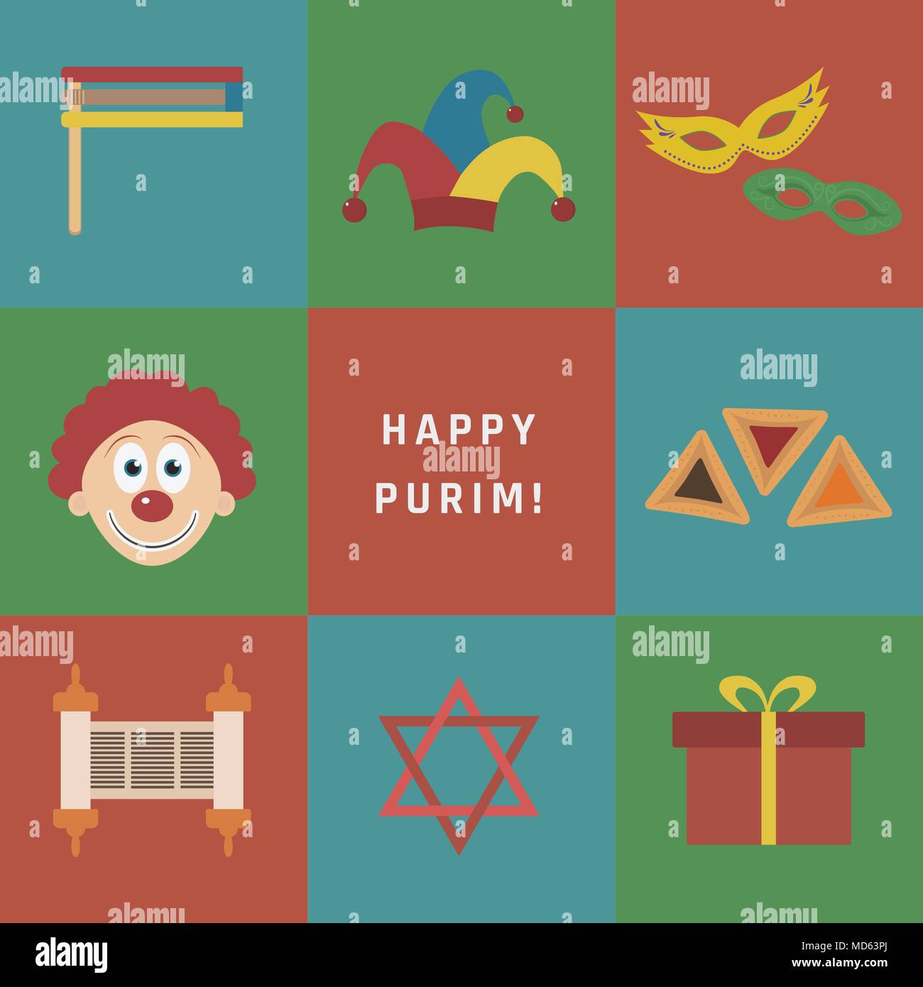 Purim holiday flat design icons set with text in english Happy Purim ...