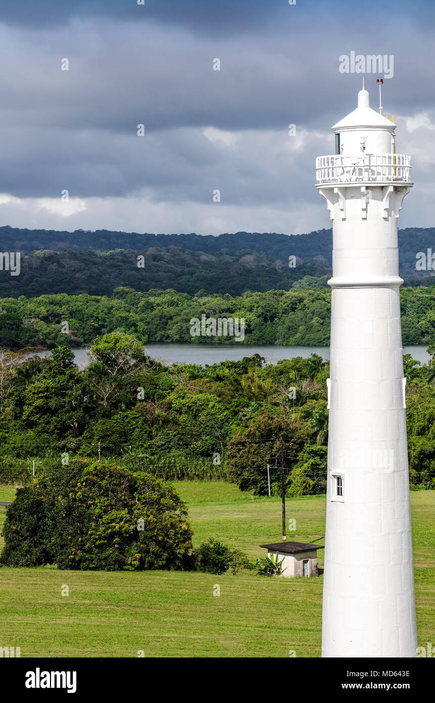lighthouse in Miraflores Locks in the Panama Canal Stock Photo - Alamy