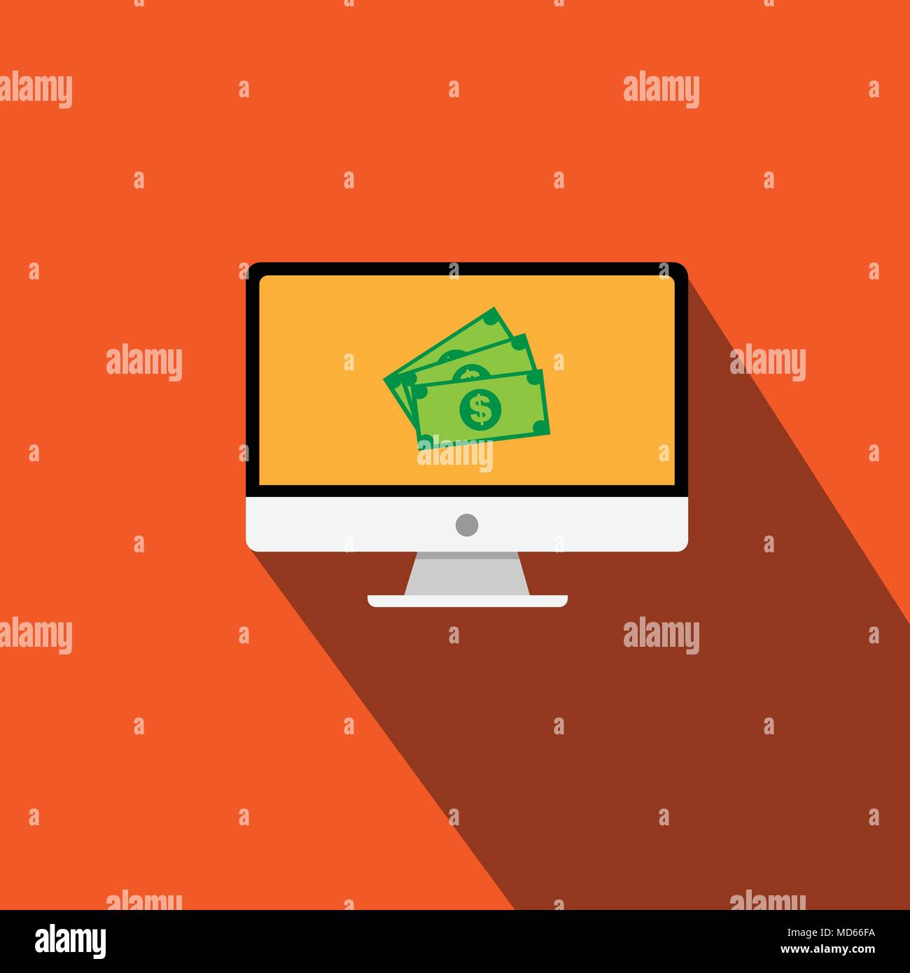 Computer with banknote in trendy flat style isolated on orange ...