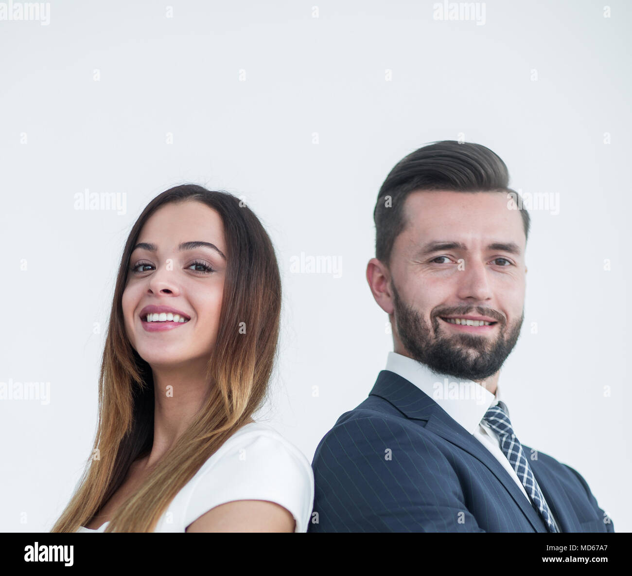 Portrait of business people back to back against white backgroun Stock ...