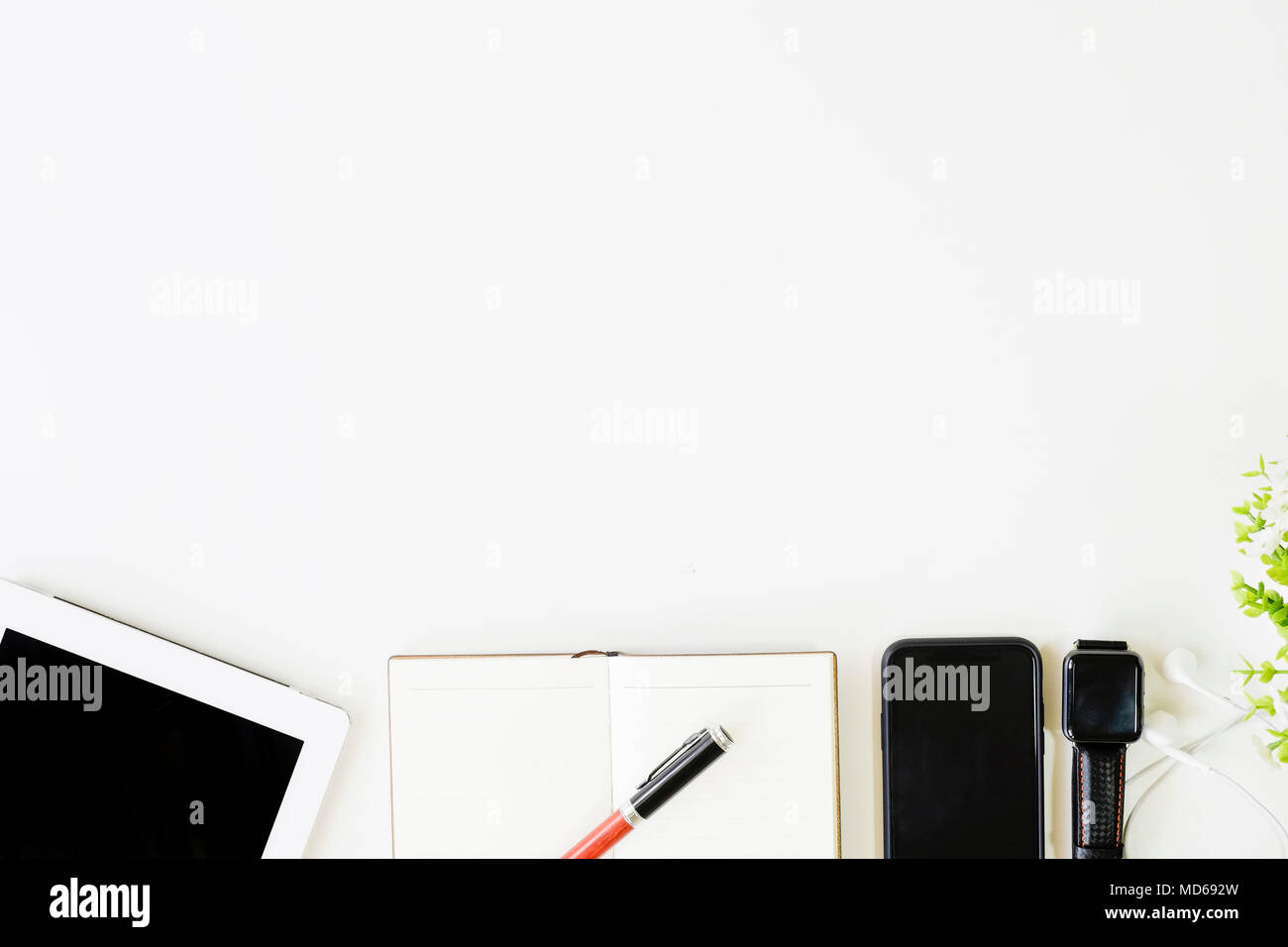 Office desk mockup with object top view Stock Photo - Alamy