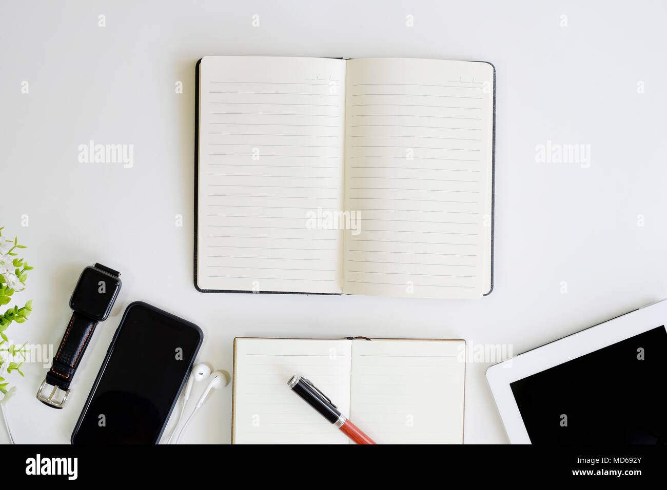 Office desk mockup with object top view Stock Photo - Alamy