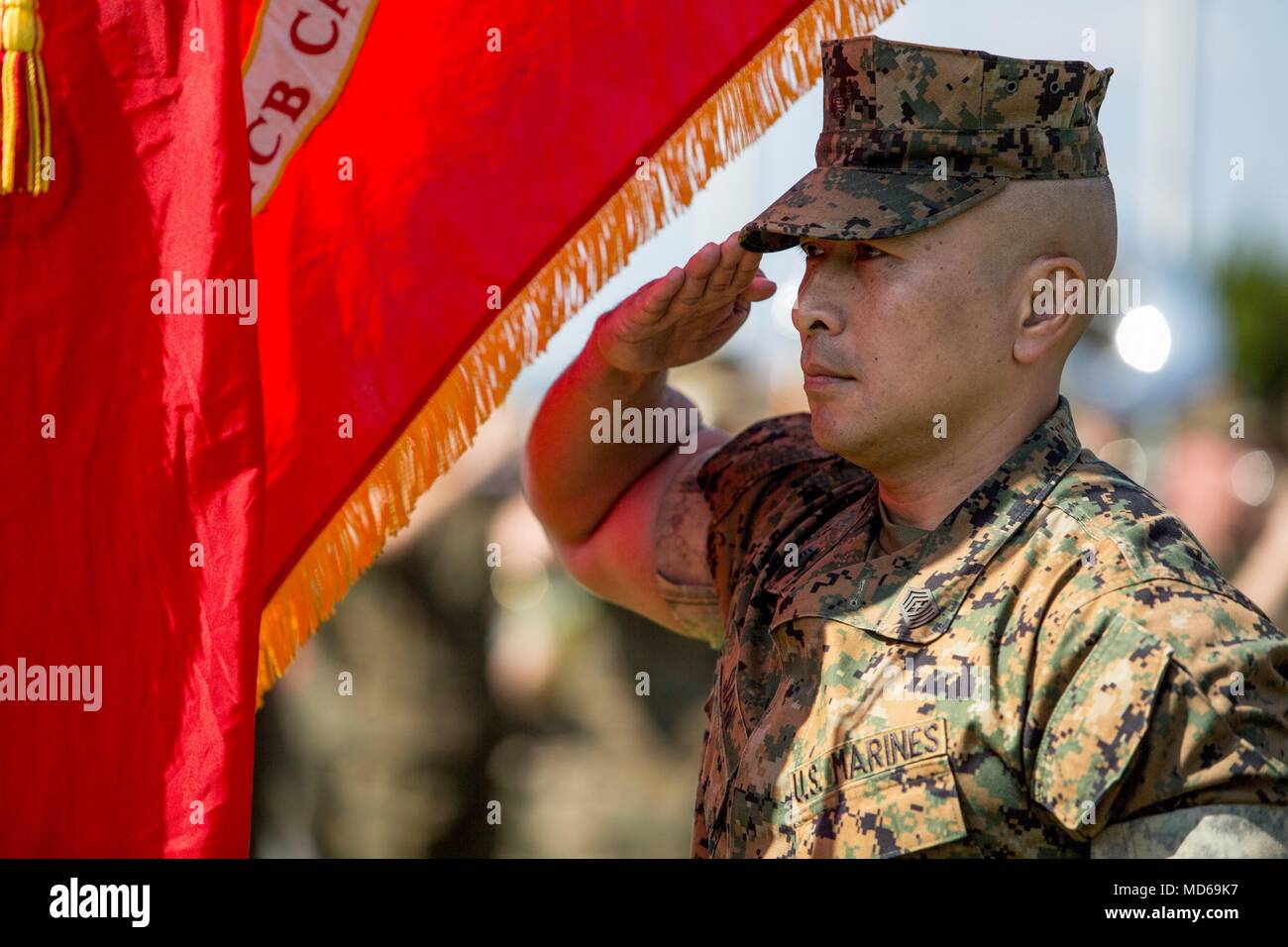 CAMP FOSTER, OKINAWA, Japan – Sgt. Maj. Peter Siaw salutes during his ...