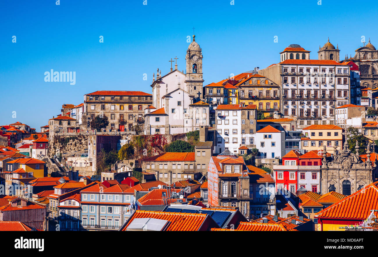 Panoramic view of Old city of Porto (Oporto) and Ribeira over Douro ...