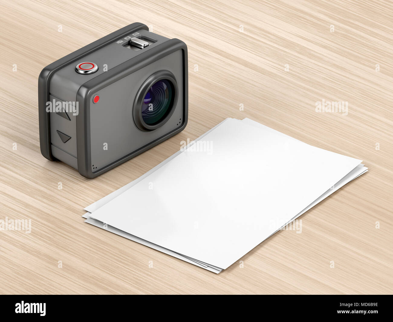 Digital camera and blank photos on the wood table Stock Photo - Alamy