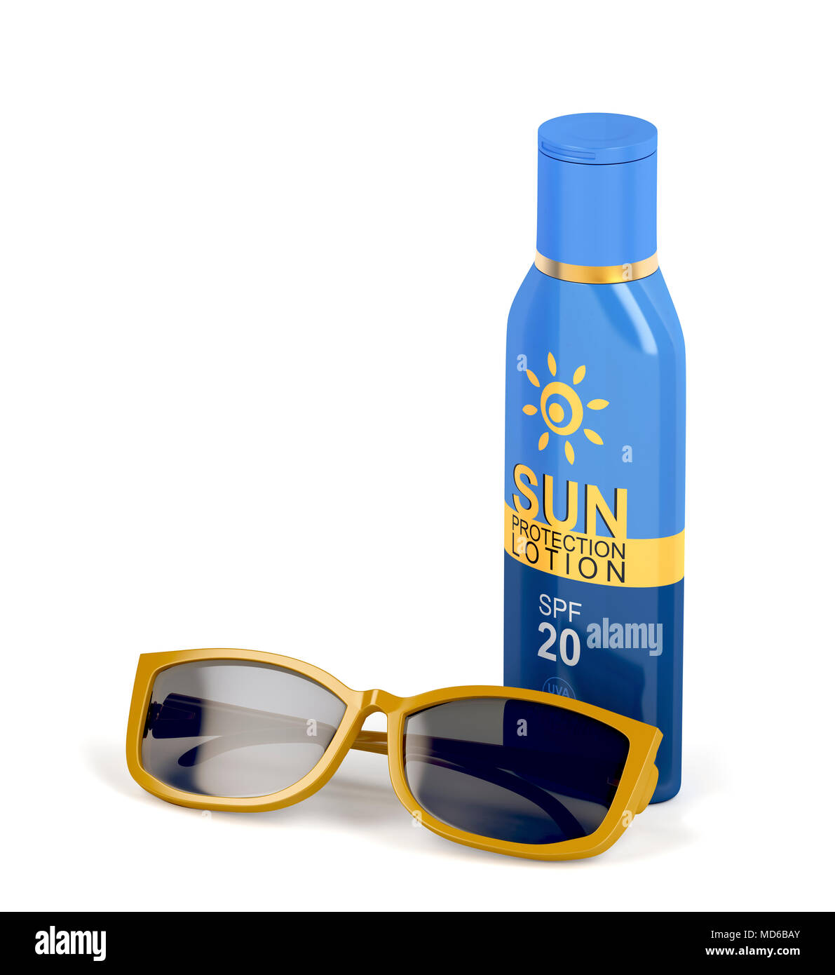 Sunscreen lotion with SPF 20 and female sunglasses on white background ...