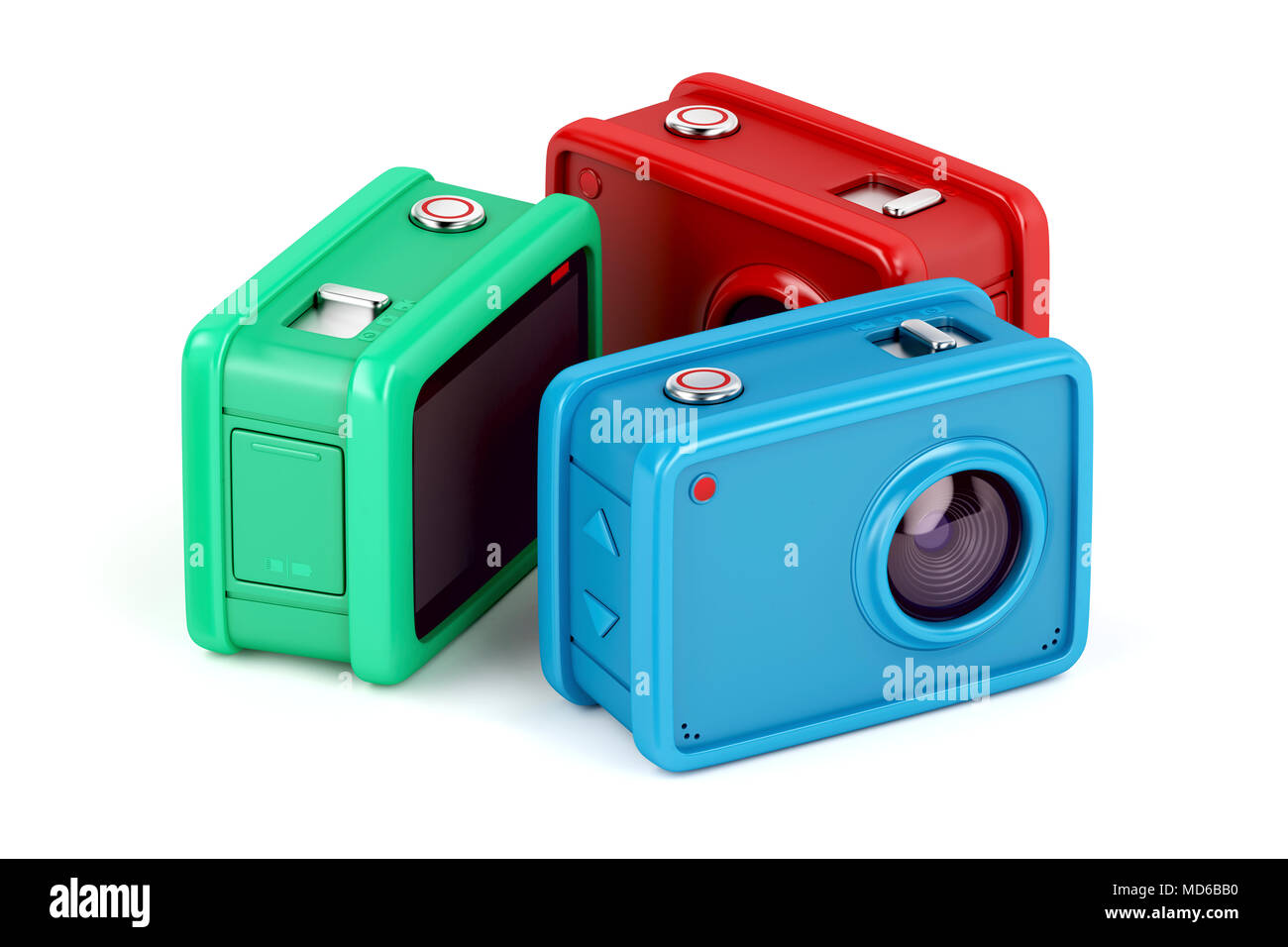Three action cameras with different colors on white background Stock ...