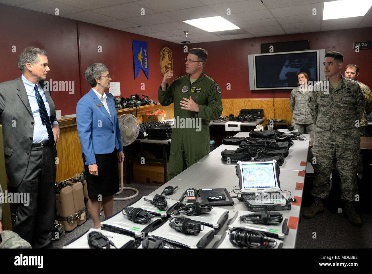 Lt. Col. Joseph Bonner, 34th Combat Training Squadron commander, briefs Secretary of the Air ...