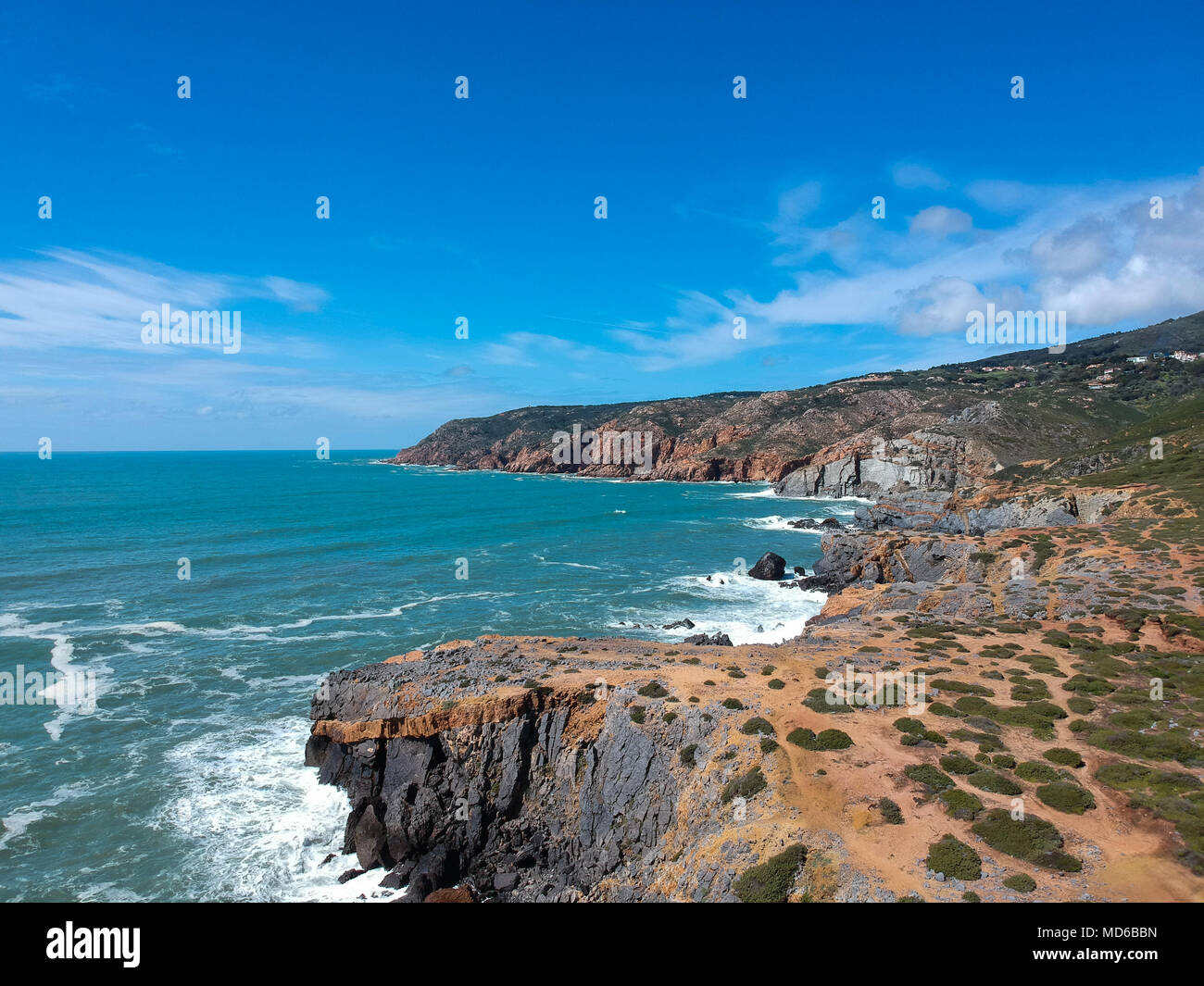 Aerial view from the Portuguese coastline with the ocean and the sintra ...