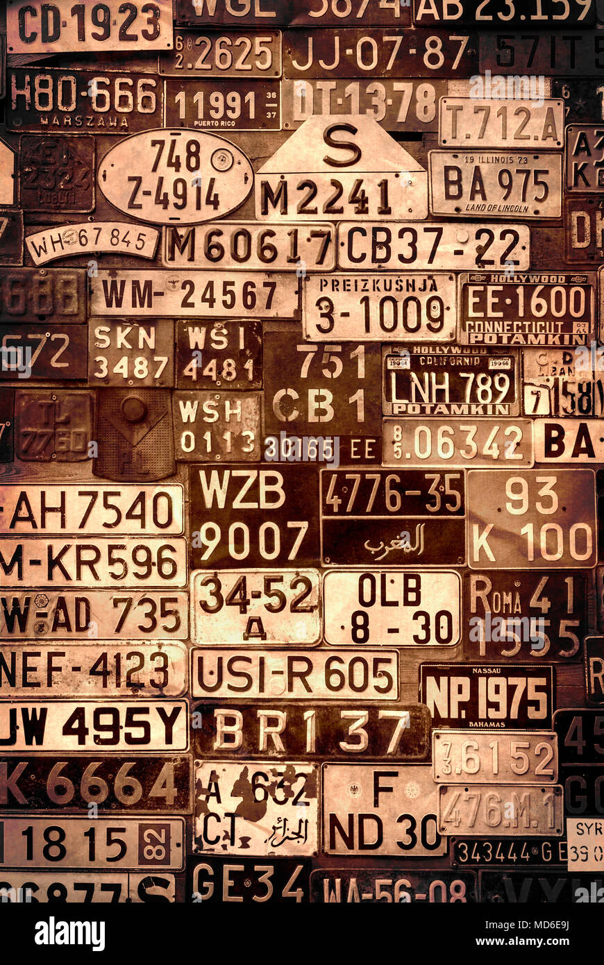 Various retro License Plates on the wall Stock Photo - Alamy