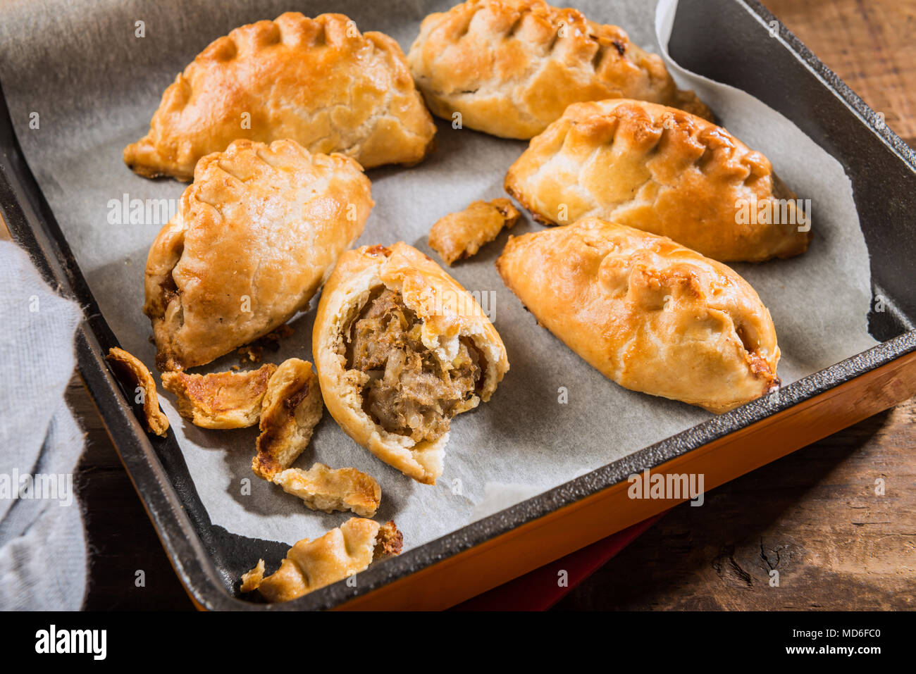 Hot pasties from butter enriched puff pastry filled with minced beef ...