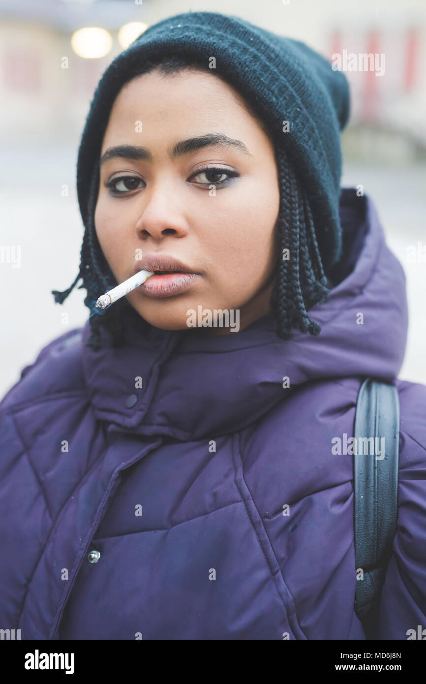 Portrait Young Beautiful Woman Outdoor Looking Camera Smoking Cigarette Unhealthy Lifestyle