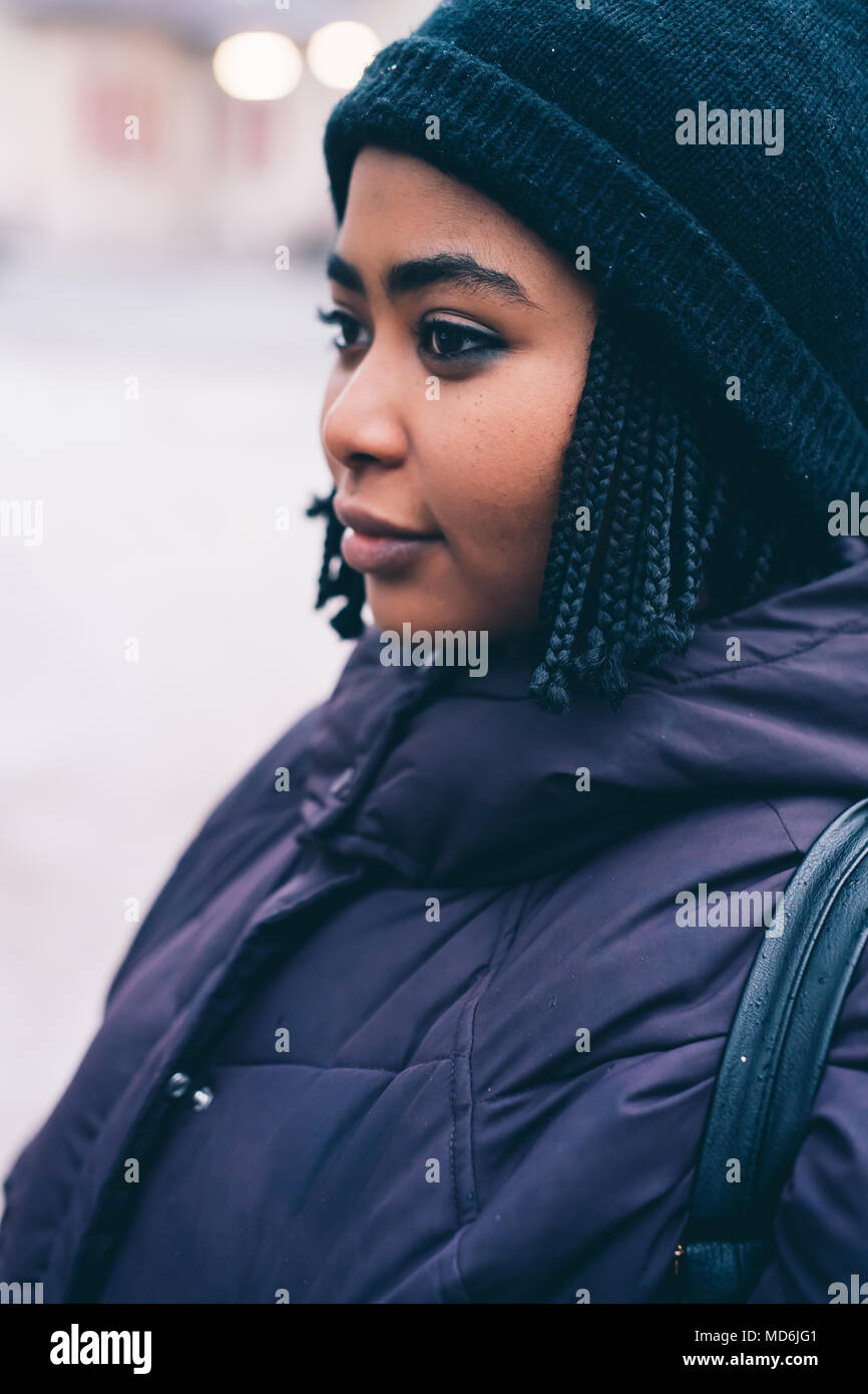 portrait young beautiful woman outdoor looking away pensive - thinking ...