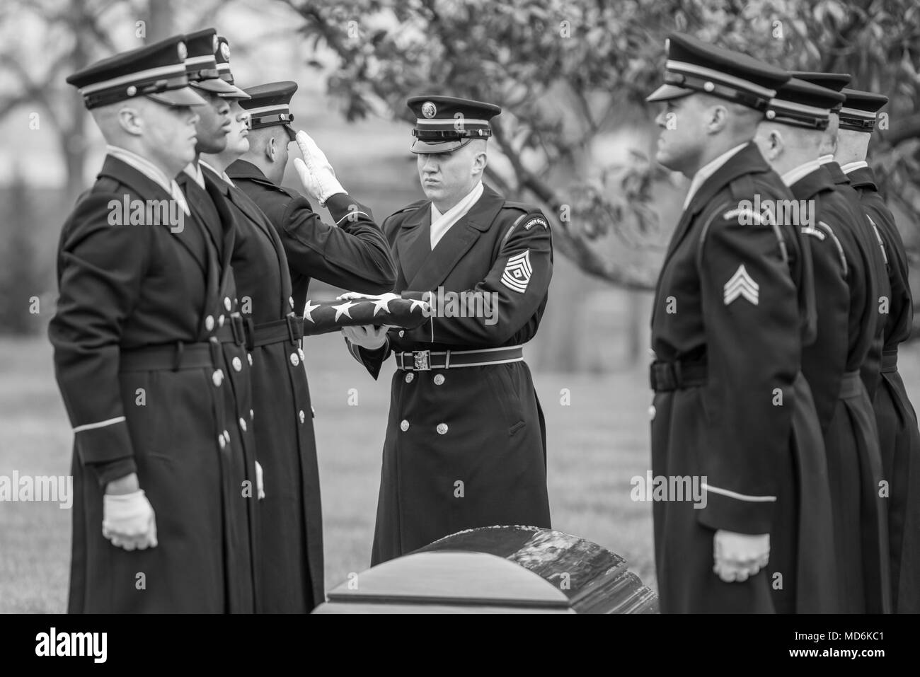 Soldiers from The U.S. Army Honor Guard folder the American flag during ...