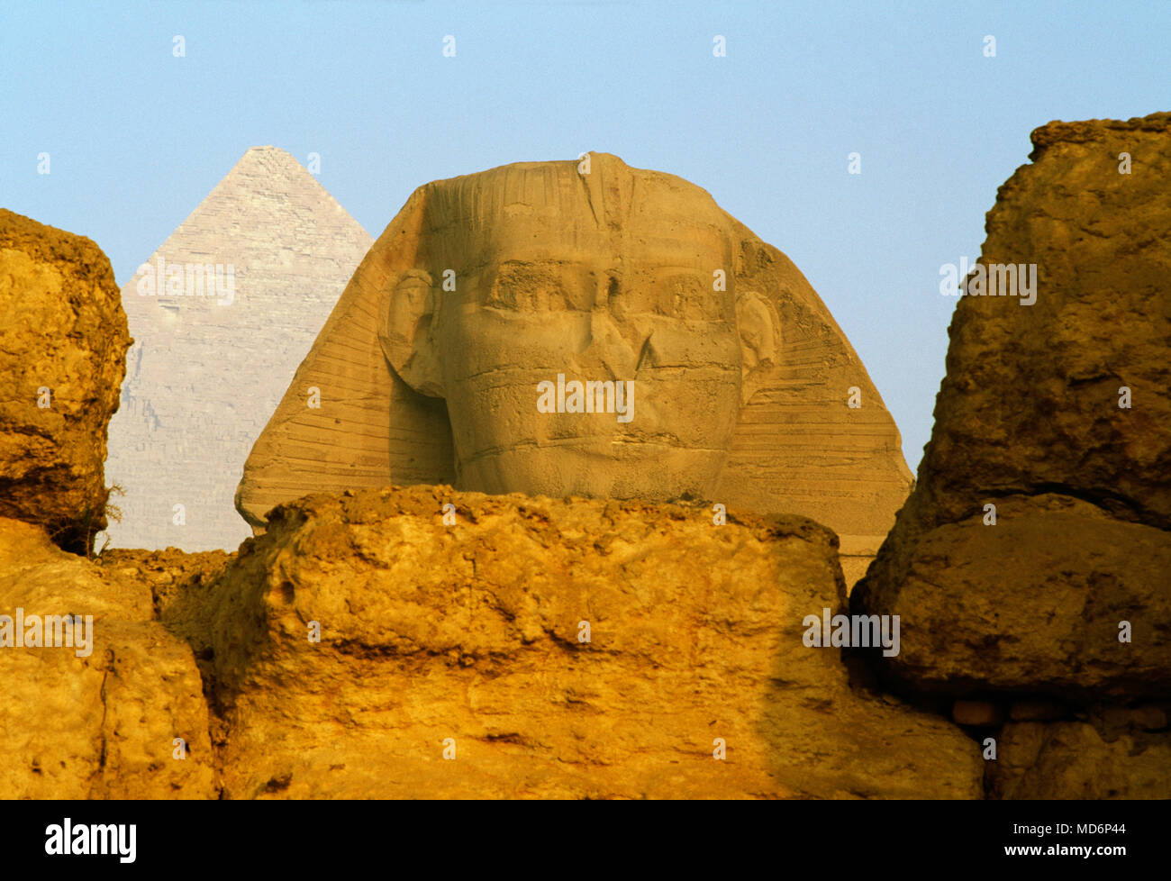 Giza, Egypt; the Great Pyramid of Cheops and statue of the Sphinx Stock ...