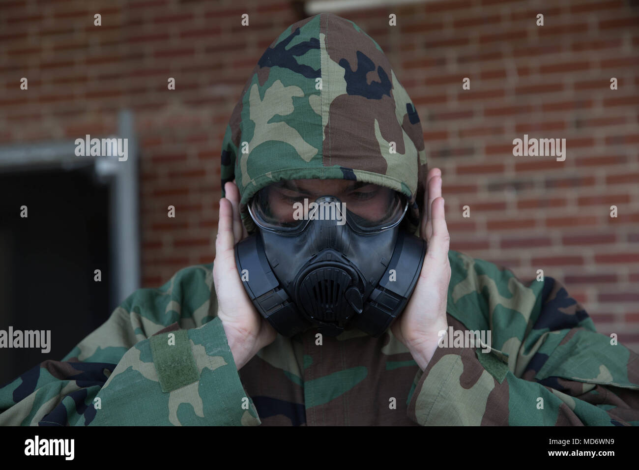 A U.S. Marine with Marine Attack Squadron 542 ensures his gas mask is ...