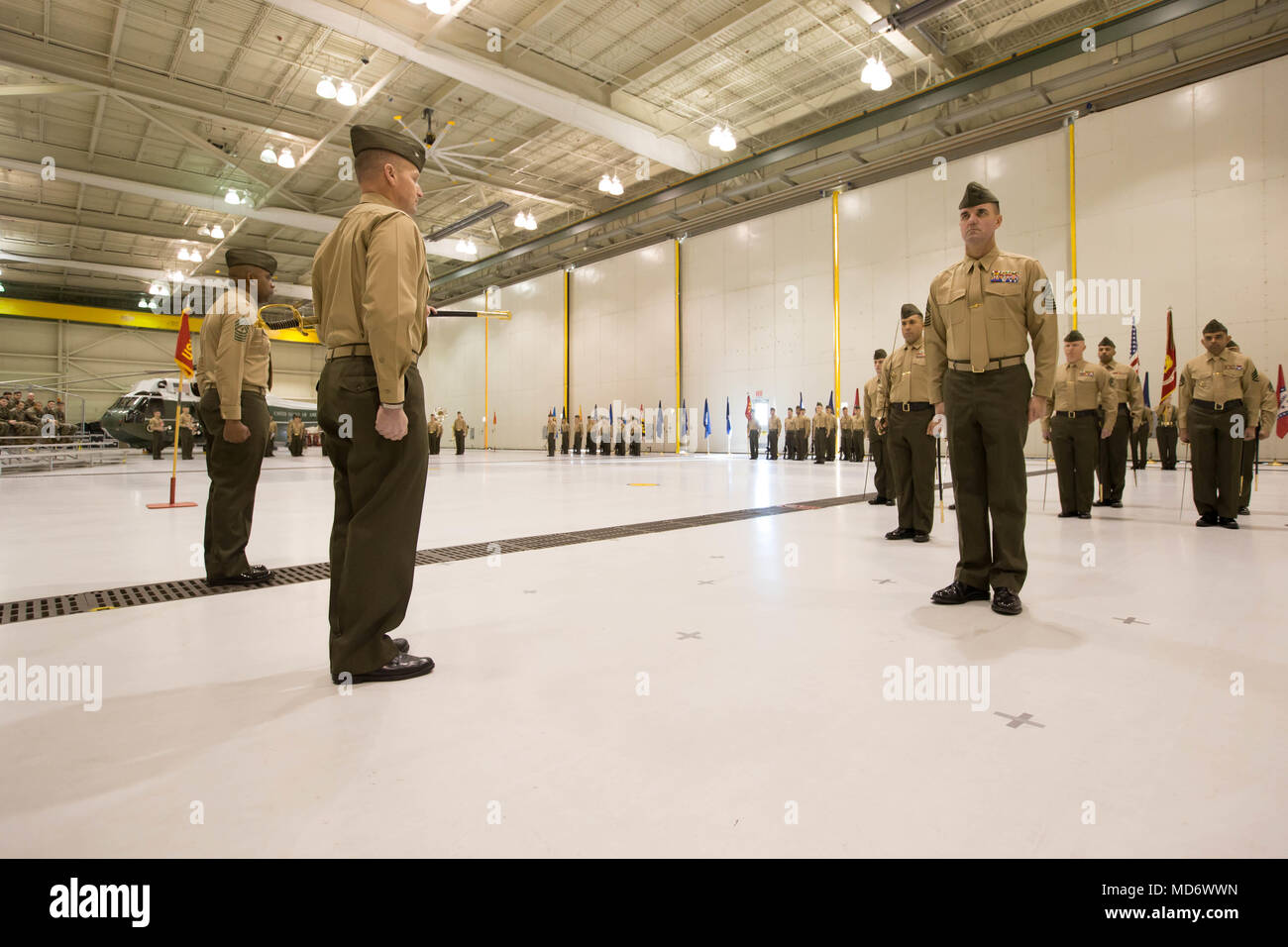 U.S. Marine Corps Sgt. Maj. Sean Cox, left, incoming sergeant major ...