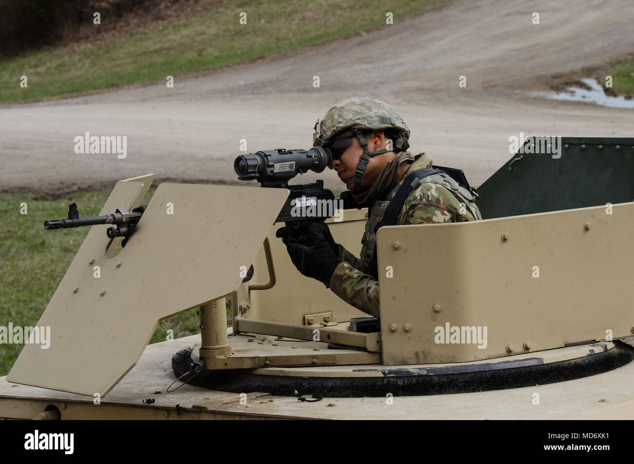 A U.S. Army Reserve Troop List Unit Soldier tests a thermal weapon ...