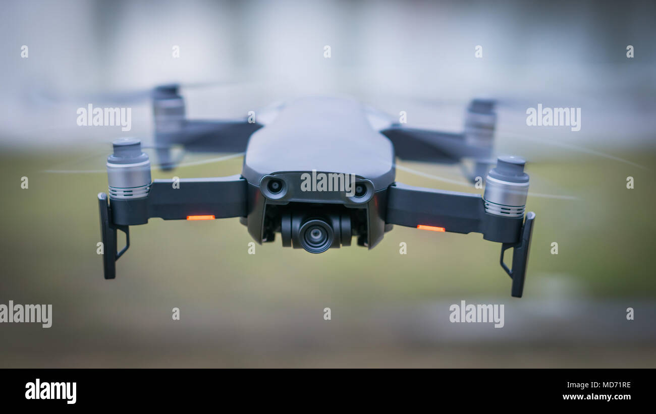 Pancevo - Serbia 02.15.2018. DJI Mavic Air flying mid air on cloudy day ...