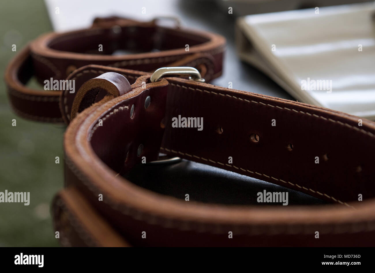 Military working dog collars lie on a table after they were removed ...