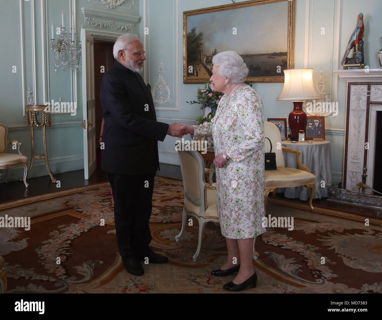 Prime Minster of India Narendra Modi is greeted by Queen Elizabeth II ...