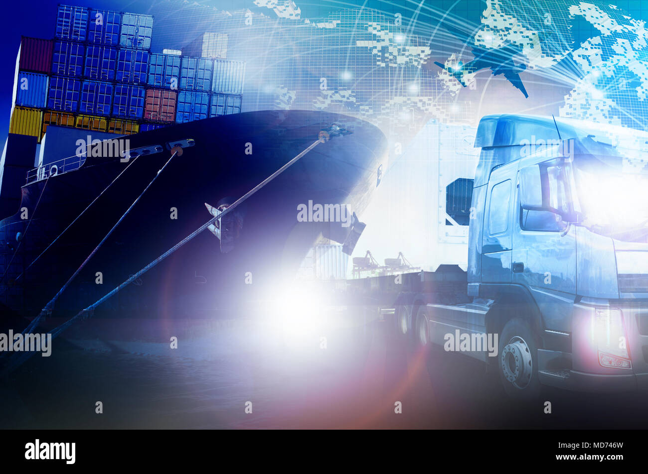 container truck and shipping ship for freight and cargo logistic ...