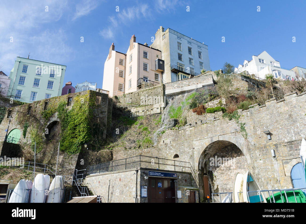 Tenby Inshore Lifeboat Station built into old stone wall below ...
