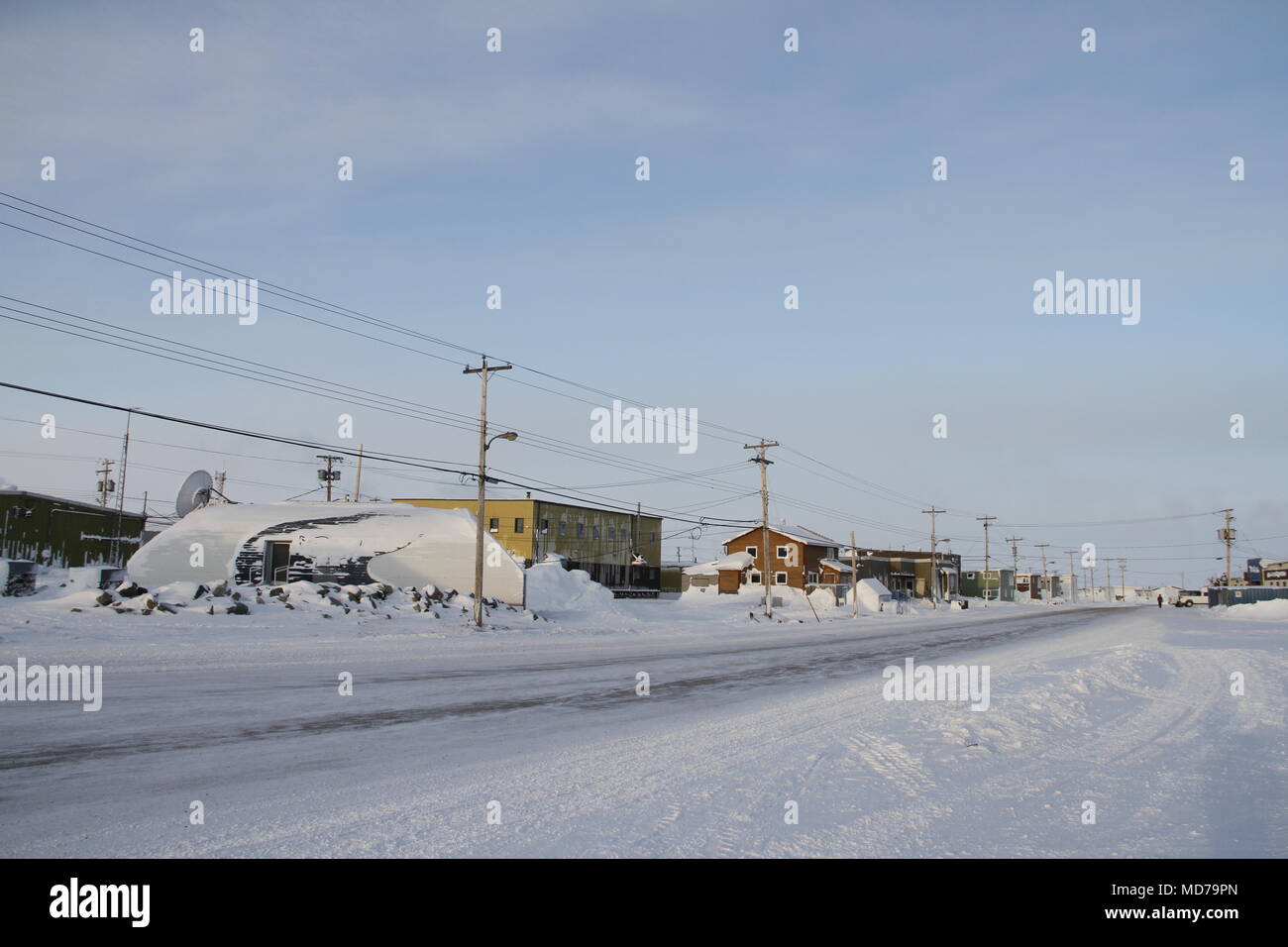 Street view of an arctic community and neighbourhood, located in Arviat ...