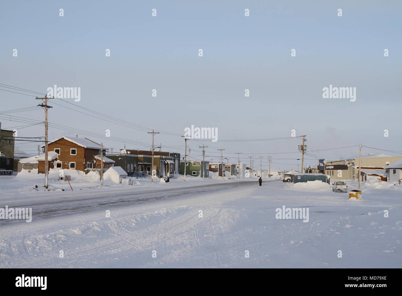 Street view of an arctic community and neighbourhood, located in Arviat ...
