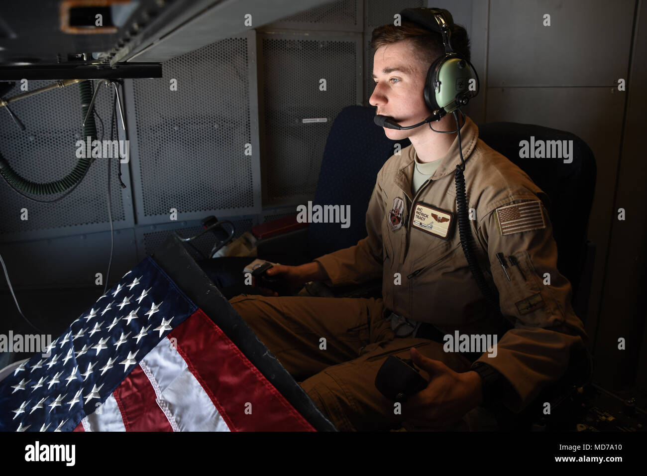 U.S. Air Force Airman 1st Class Patrick Tracy, in-flight refueler ...