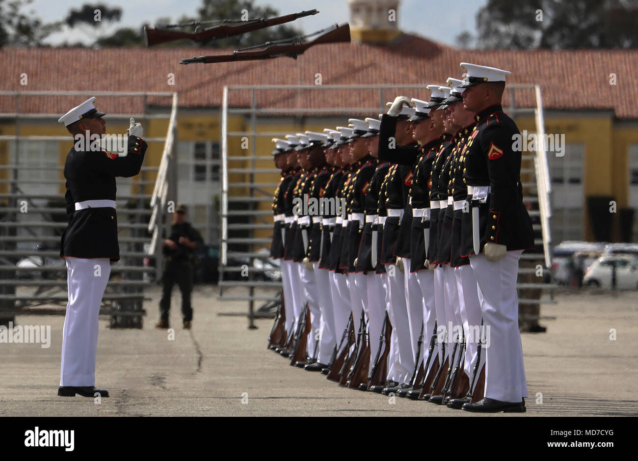 Marines with the rifle inspection team, U.S. Marine Corps Silent Drill ...