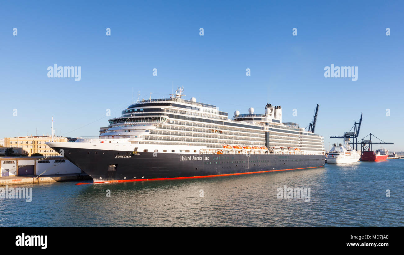 Holland America cruise ship Eurodam docked in Cadiz. The maiden voyage ...