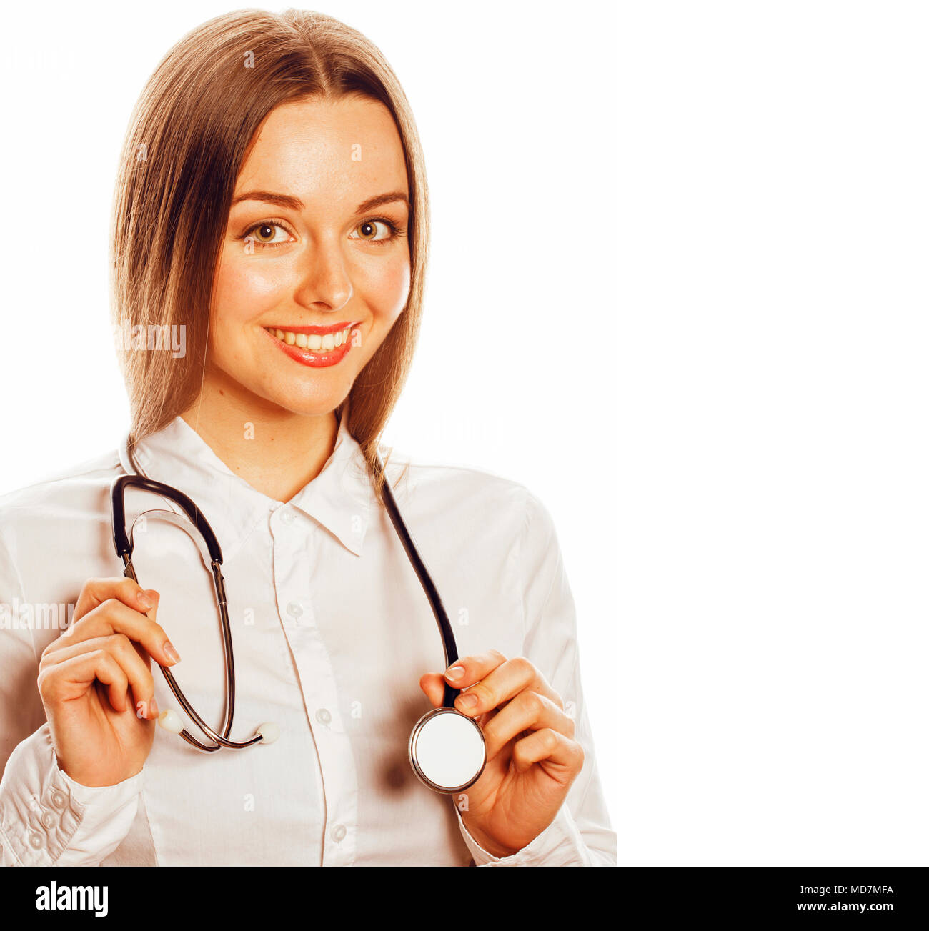 young pretty woman doctor with stethoscope on white background Stock ...