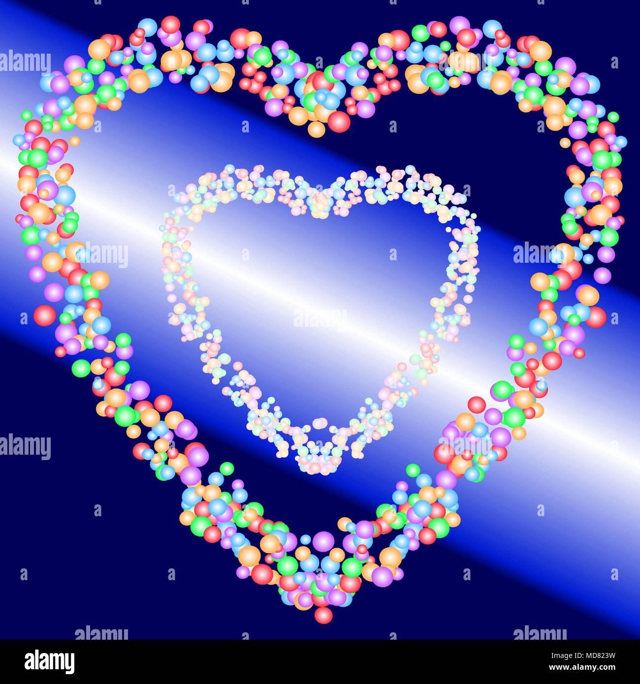 Two heart shape patterns of colorful bubbles on gradient blue and light ...