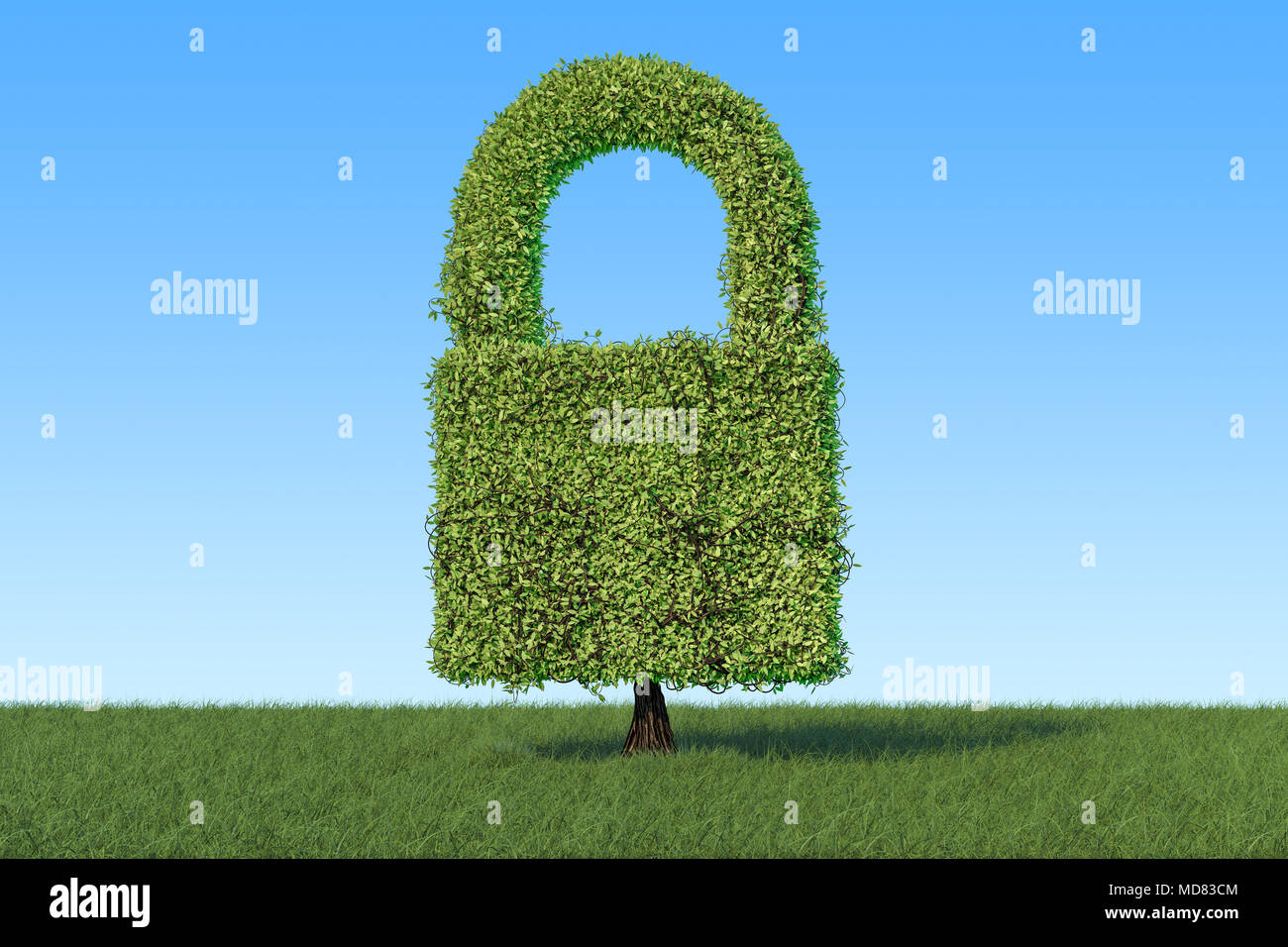 Green tree shaped as padlock on the green grass against blue sky, 3D ...
